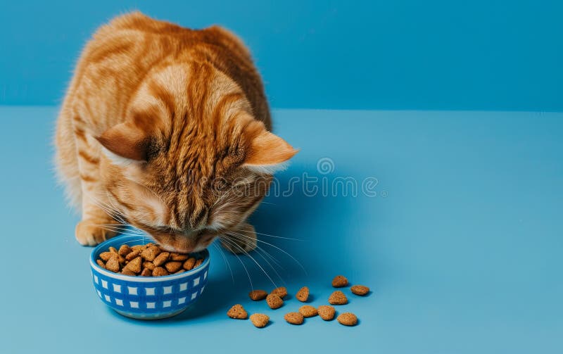 Orange Cat Eating from Bowl on a Blue Surface in Daylight Stock ...