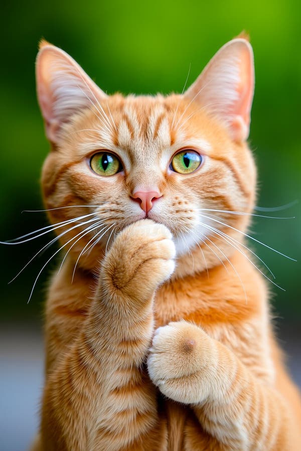An Orange Cat with Green Eyes and Paws Up Stock Image - Image of funny ...