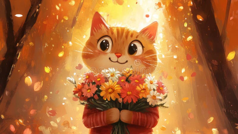 An Orange Cat Holds Autumn Flowers in a Forest Stock Illustration ...