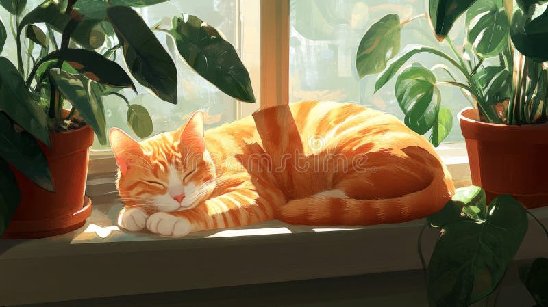 Orange Cat Napping in Sunlit Window with Houseplants Stock Illustration ...