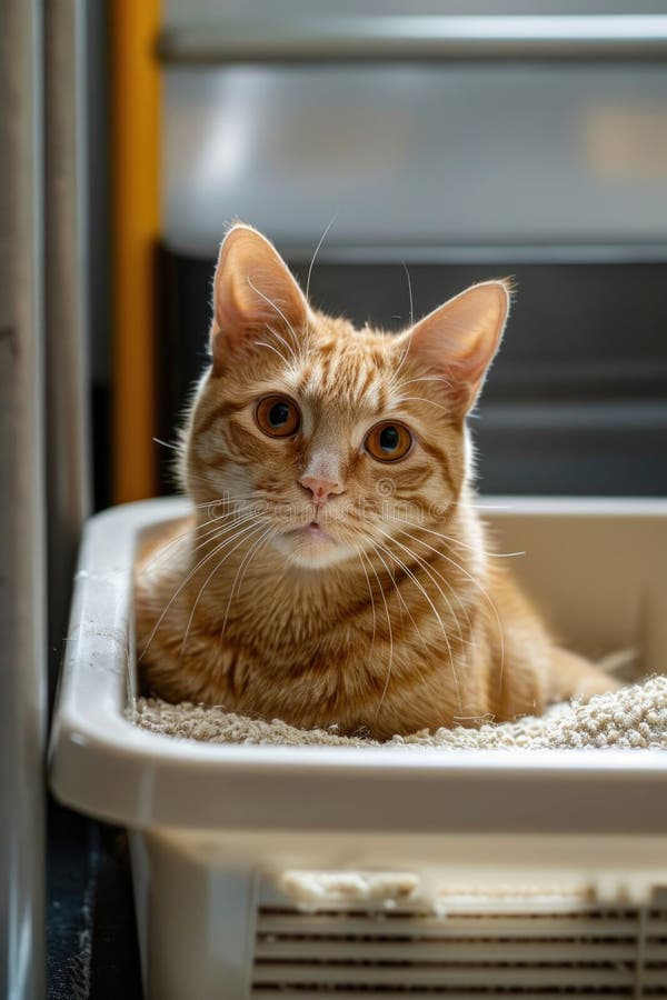 An Orange Cat Relaxing in a Litter Box, Suitable for Pet Care Concepts ...
