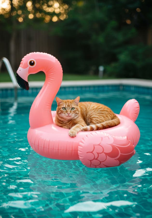 Orange Cat Relaxing on Pink Flamingo Pool Float Stock Illustration ...