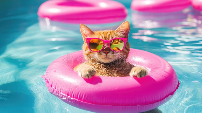 Orange Cat Relaxing in Pool on Pink Float with Sunglasses Stock Photo ...