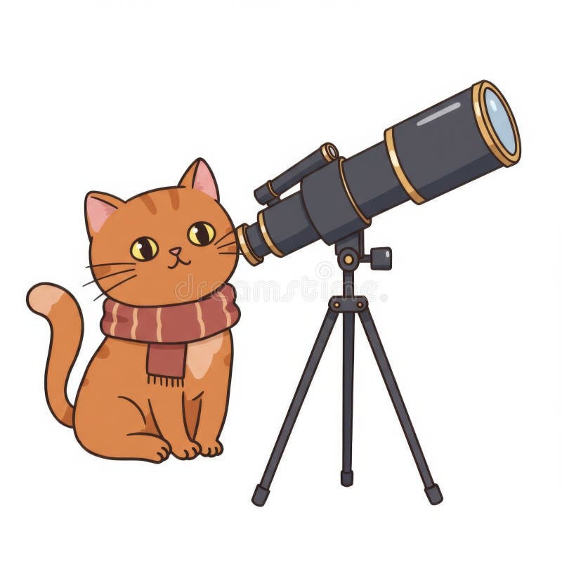 Orange Cat with Scarf Gazing through Telescope Stock Illustration ...