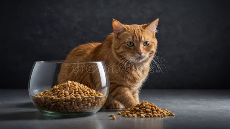 An Orange Cat Sits beside a Bowl of Cat Food, with Some Kibble Spilled ...