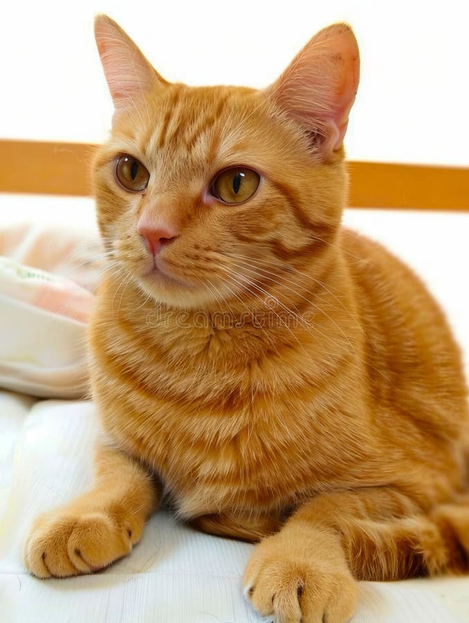 An Orange Cat Sitting on a Bed Stock Photo - Image of tabby, pillow ...