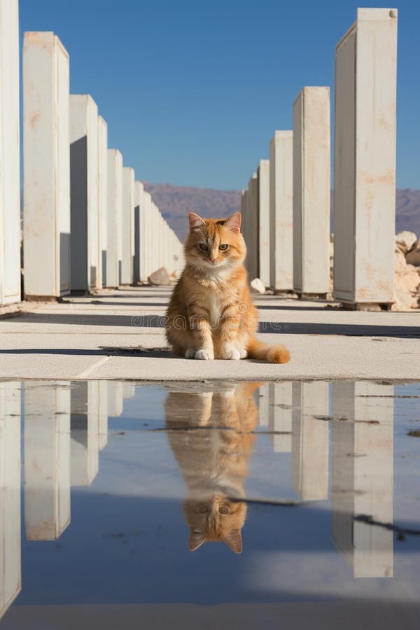A Orange Cat Sitting in Front of a Large Stack of Cement Blocks Stock ...