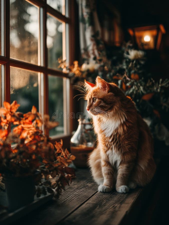 Orange Cat Sitting on Rustic Windowsill in Autumn Sunlight Stock ...