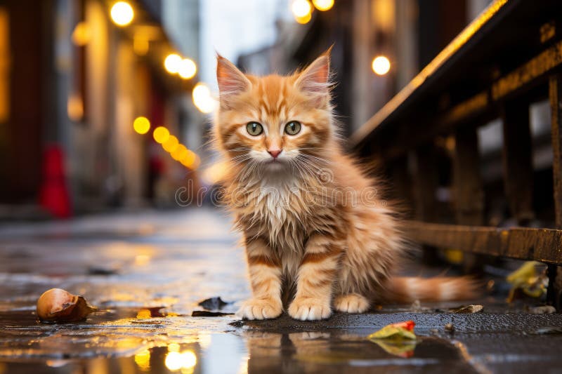 An Orange Cat Sitting on a Wet Street at Night Stock Illustration ...