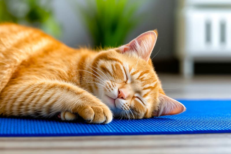 An Orange Cat Sleeping on a Blue Mat Stock Photo - Image of orange ...