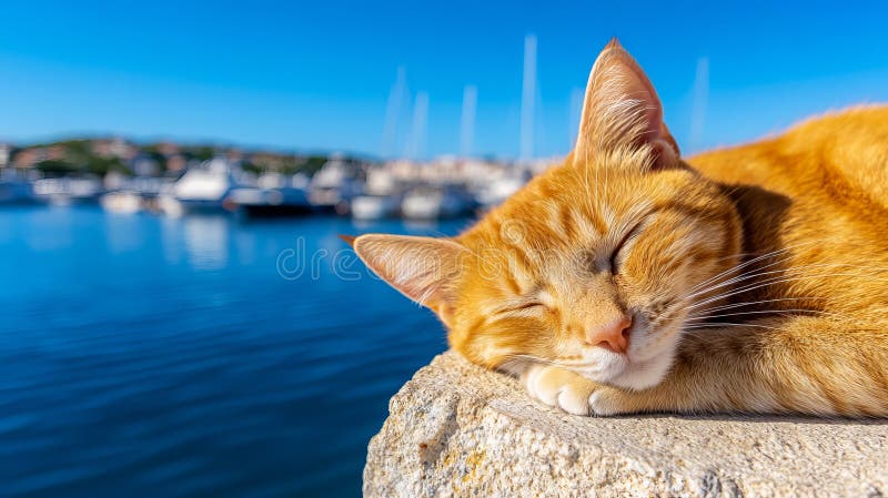 An Orange Cat Sleeping on a Rock by the Water Stock Image - Image of ...