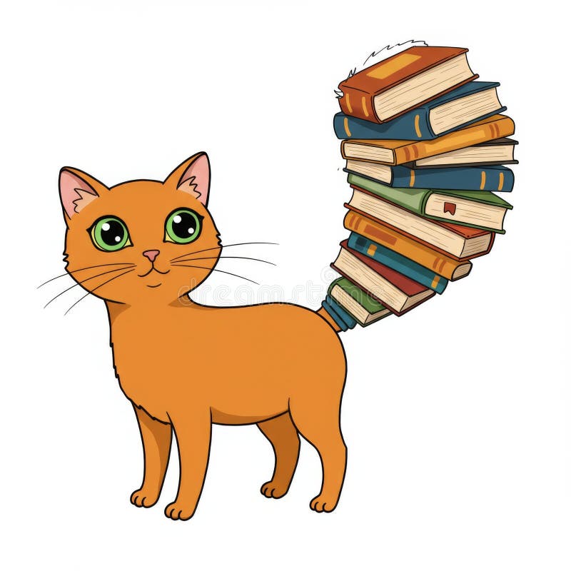 Orange Cat with Stack of Books for Tail Illustration Stock Illustration ...
