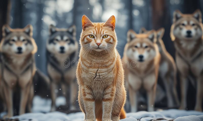 Orange Cat Standing Confidently in Front of a Pack of Wolves in Snowy ...