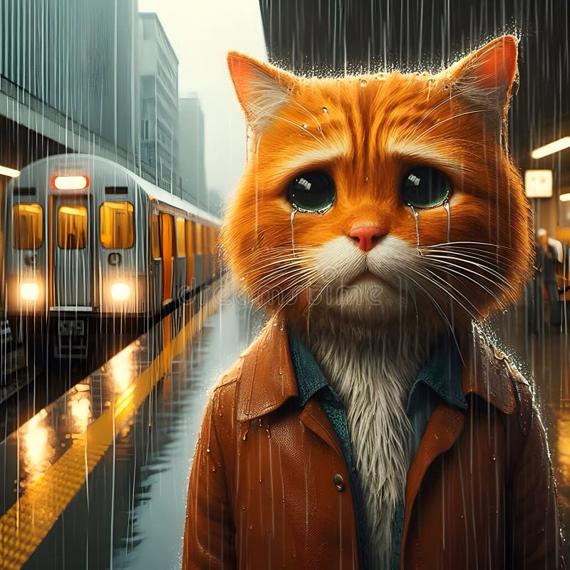 An Orange Cat Stood Crying in the Rain on a Rain-soaked Train Platform ...