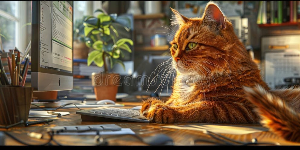Orange Cat Using a Computer Stock Illustration - Illustration of ...