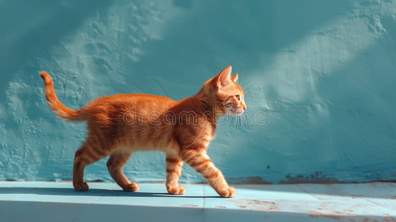 Orange Cat Walking on Sidewalk in Front of Blue Wall Stock Photo ...