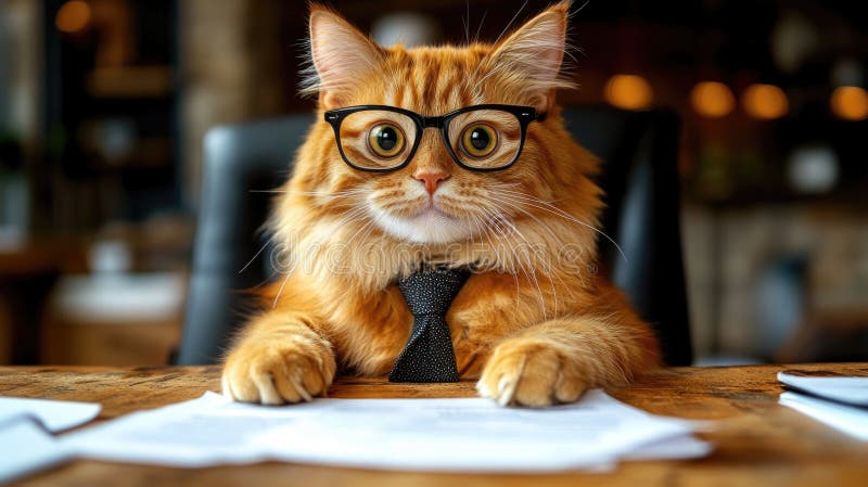 Orange Cat Wearing Glasses and Tie Sitting at Desk in Office Stock ...