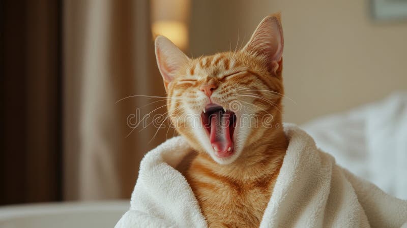 Orange Cat Yawning in a Bathrobe with a Towel Creating a Spa-like Humor ...