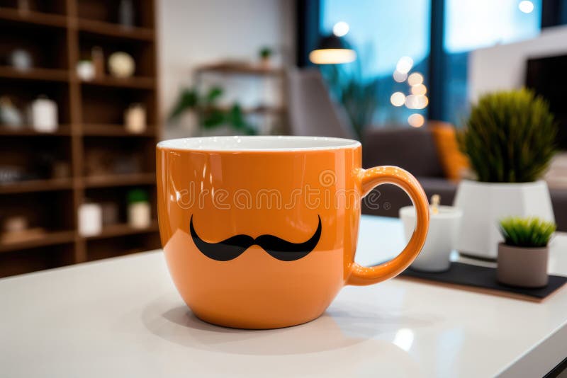 Orange Ceramic Mug with a Mustache on the Table. Father S Day Holiday ...