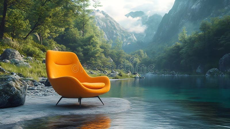Orange Chair by the River in Mountain Landscape - 3D Illustration Stock ...