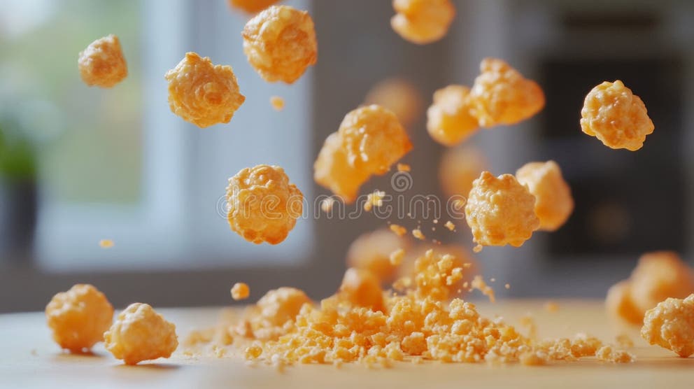 Orange Cheese Popcorn Falling on Wooden Surface Stock Illustration ...