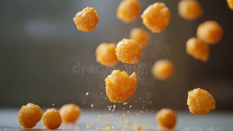 Orange Cheese Puff Balls Falling on Dark Background Stock Illustration ...