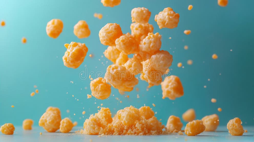 Orange Cheese Puffs Falling Against a Light Blue Background Stock ...