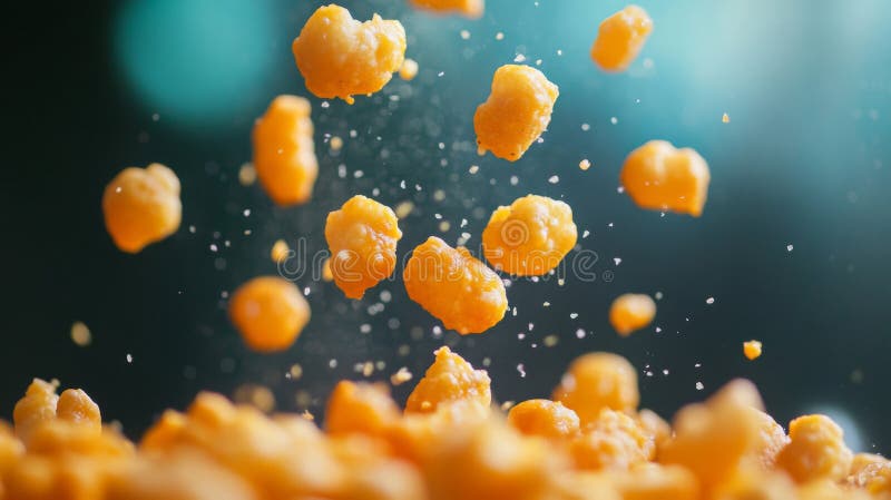 Orange Cheese Puffs Falling Against a Teal Background Stock ...