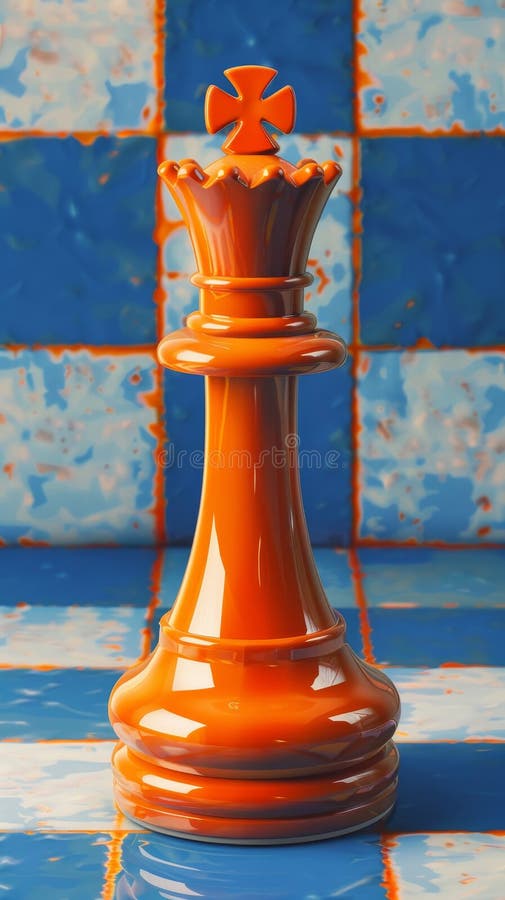 Orange Chess King Piece on a Blue and White Tiled Background Stock ...
