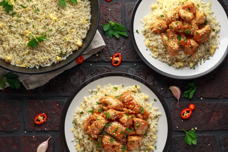 Orange Chicken Spicy Sweet and Sour with Fried Eggs Rice Stock Photo ...