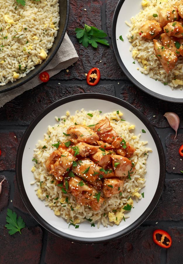 Orange Chicken Spicy Sweet and Sour with Fried Eggs Rice Stock Photo ...