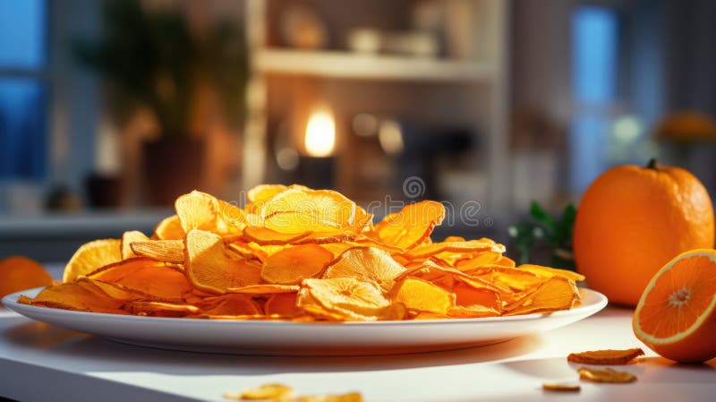 Orange Chips on a Table in a Cozy Apartment. Stock Image - Image of ...