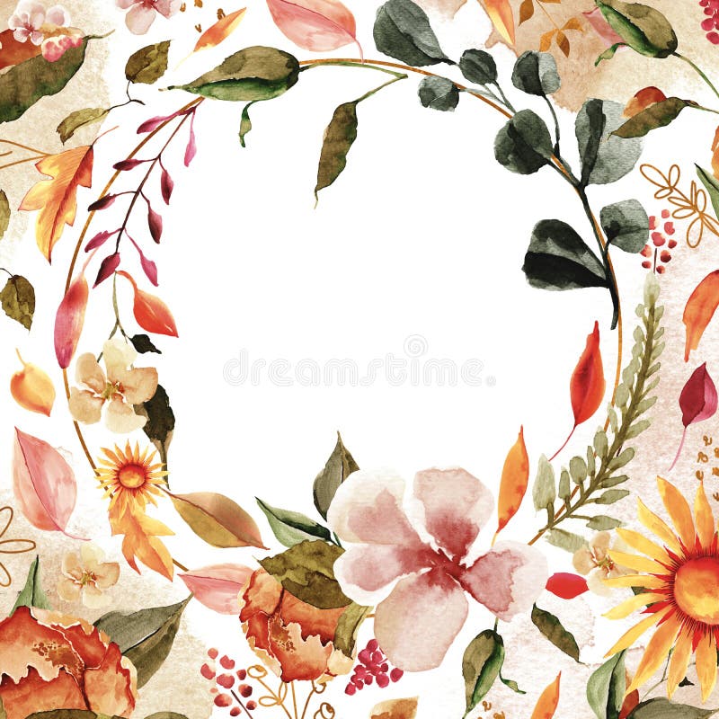 Orange Circle Fall Texture Paper Watercolor with Orange and Green Leaf ...