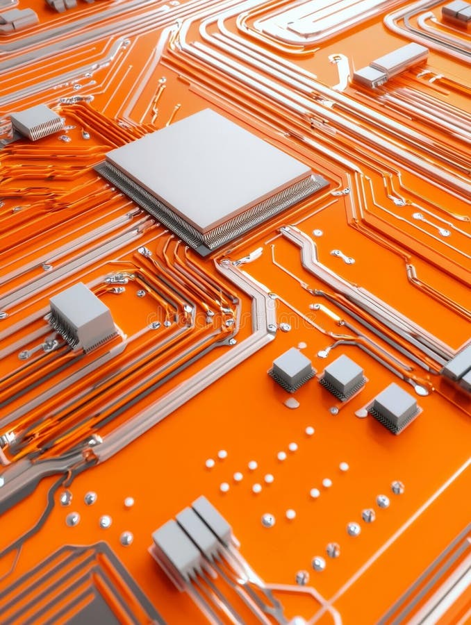 Orange Circuit Board with Central Processor and Metallic Traces Stock ...