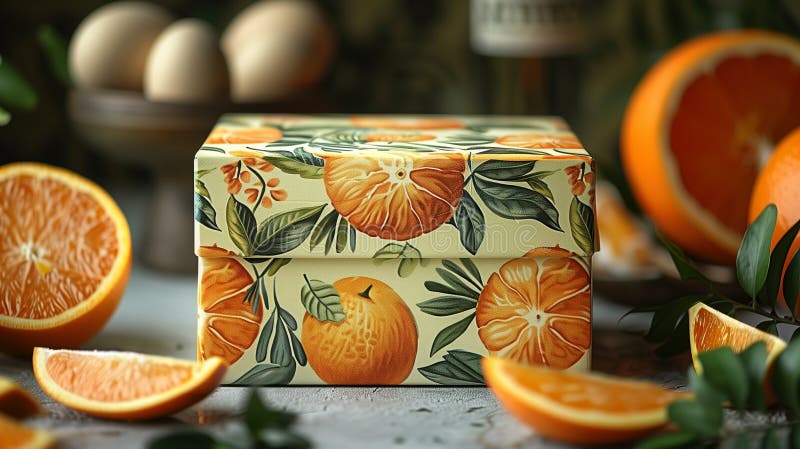 Orange Citrus Patterned Gift Box Surrounded by Fruit Stock Photo ...