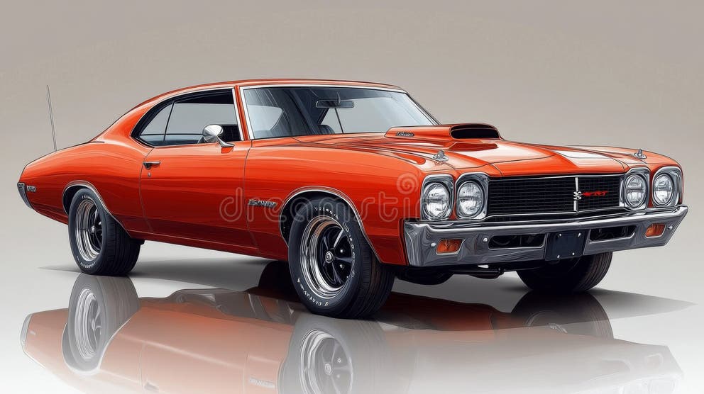 Orange Classic Muscle Car with Glossy Reflection Stock Illustration ...