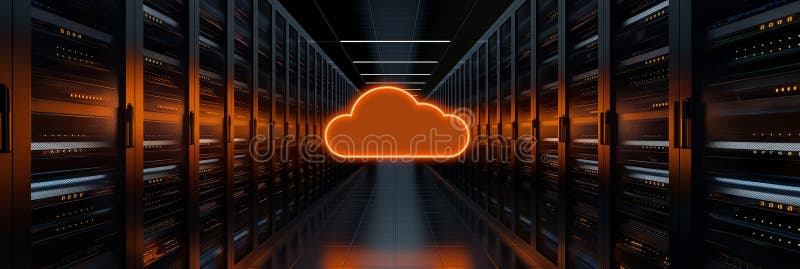 Orange Cloud Computing Symbol Glowing Inside Server Room Data Center ...