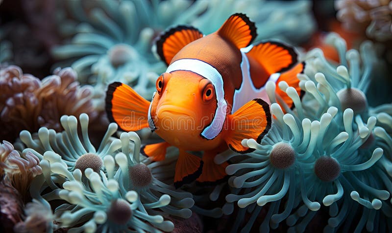 Orange Clownfish with White Stripe on Head Stock Image - Image of world ...