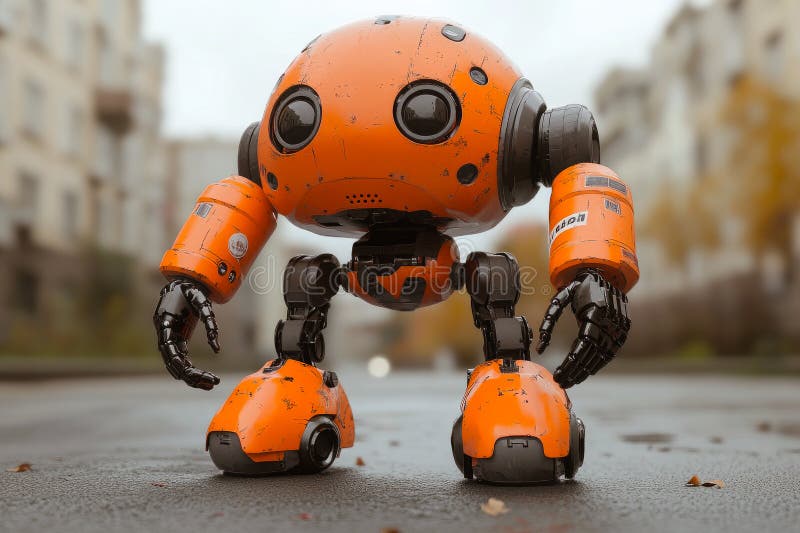 An Orange Clumsy Robot Standing on the Empty Street Stock Illustration ...
