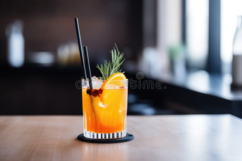Orange Cocktail, Black Straw, on a Glossy Table Stock Image - Image of ...