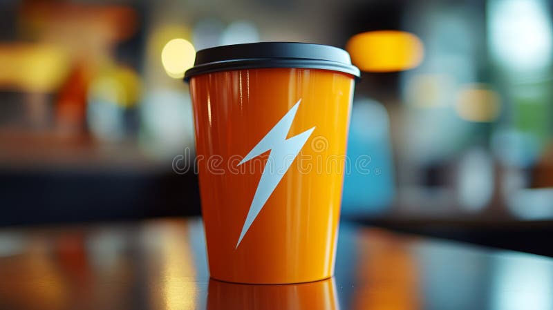 Orange Coffee Cup with Lightning Bolt Design. Stock Image - Image of ...