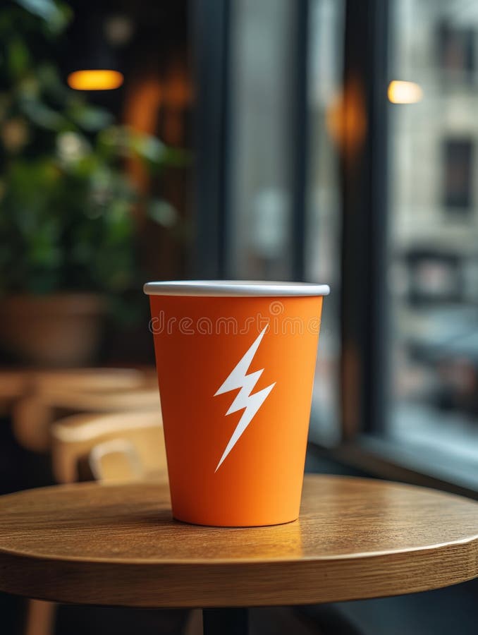 Orange Coffee Cup with Lightning Bolt Design Stock Photo - Image of ...