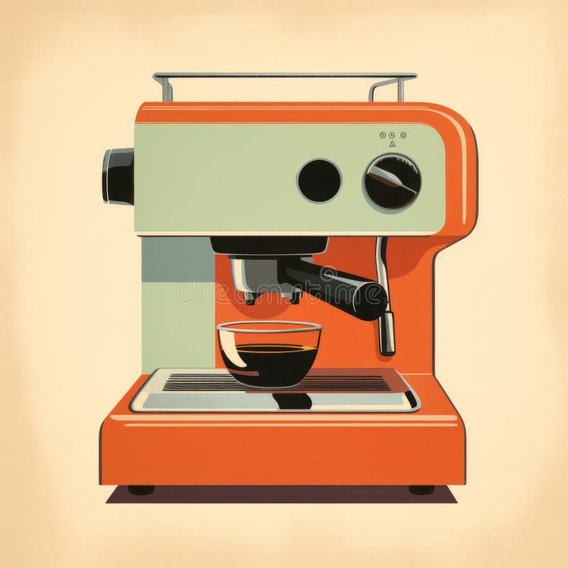Colorful Caricature Coffee Machine Illustration in Nostalgic Minimalist ...