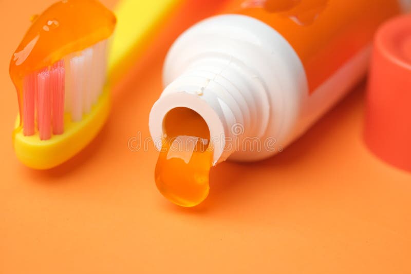 Orange Color Child Tooth Brush with Paste Stock Photo - Image of oral ...