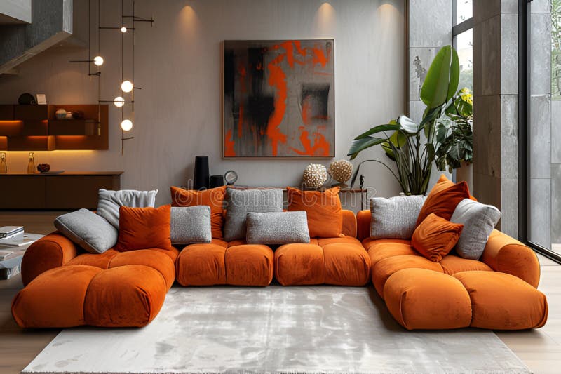 Orange Color in Interior Living Room, Designed Concept Stock ...