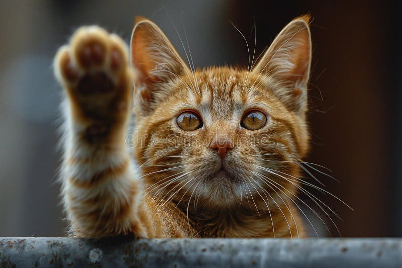 An Orange Colored Cats with One Paw Raised, High Quality, High ...