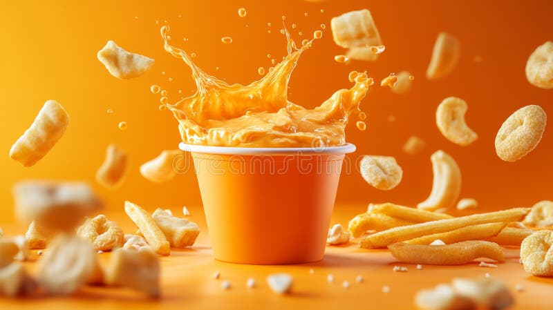 Orange-Colored Liquid Splashing in a Cup Surrounded by Snacks Stock ...