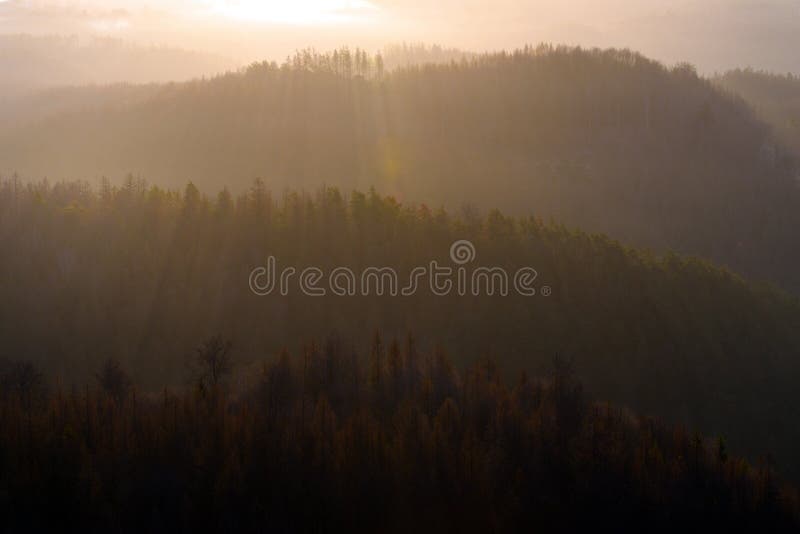 Orange Colors of Sunrise in Mountains, Morning Mist Stock Photo - Image ...