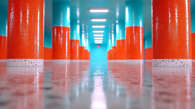 Orange Columns in Perspective Hallway with Teal Ceiling and Reflection ...