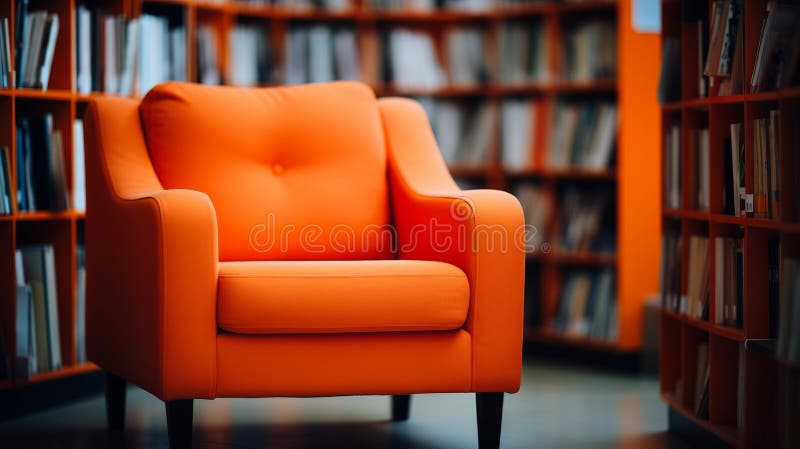 Orange Comfortable Chair in Modern Public Library, Surrounded by Shelves of Books. Learning ...